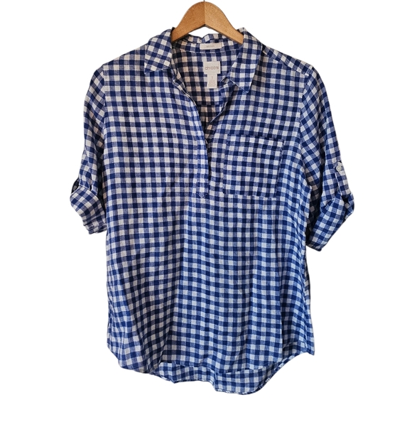 Chico's | Tops | Chicos Linen Blue White Gingham Check Popover Noiron ...